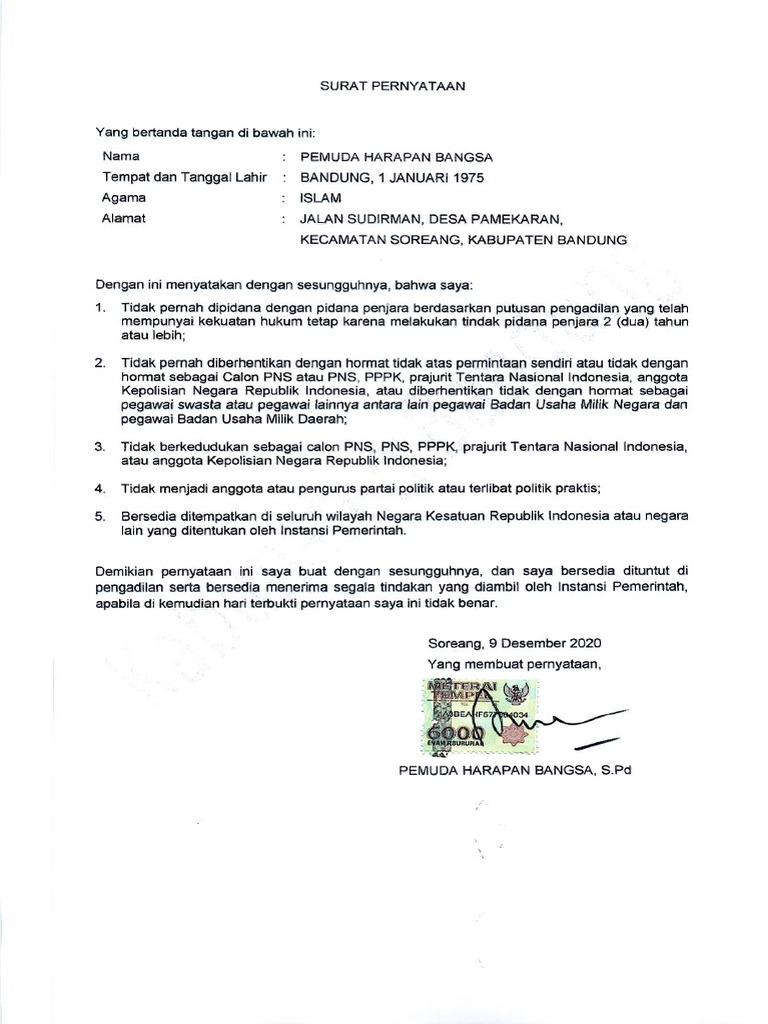 7 Contoh Surat Pernyataan 5 Poin PPPK Kab BDG | PDF