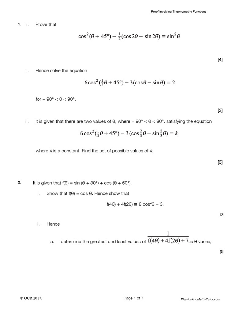 Proof Involving Trigonometric Functions | PDF | Mathematics ...