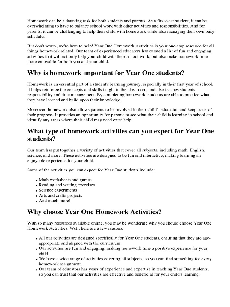 Year One Homework Activities | PDF | Homework | Worksheet