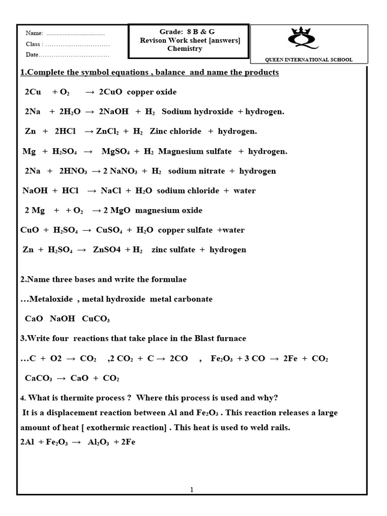 Grade: 8 B & G Revison Work Sheet (Answers) Chemistry | PDF | Acid | Magnesium