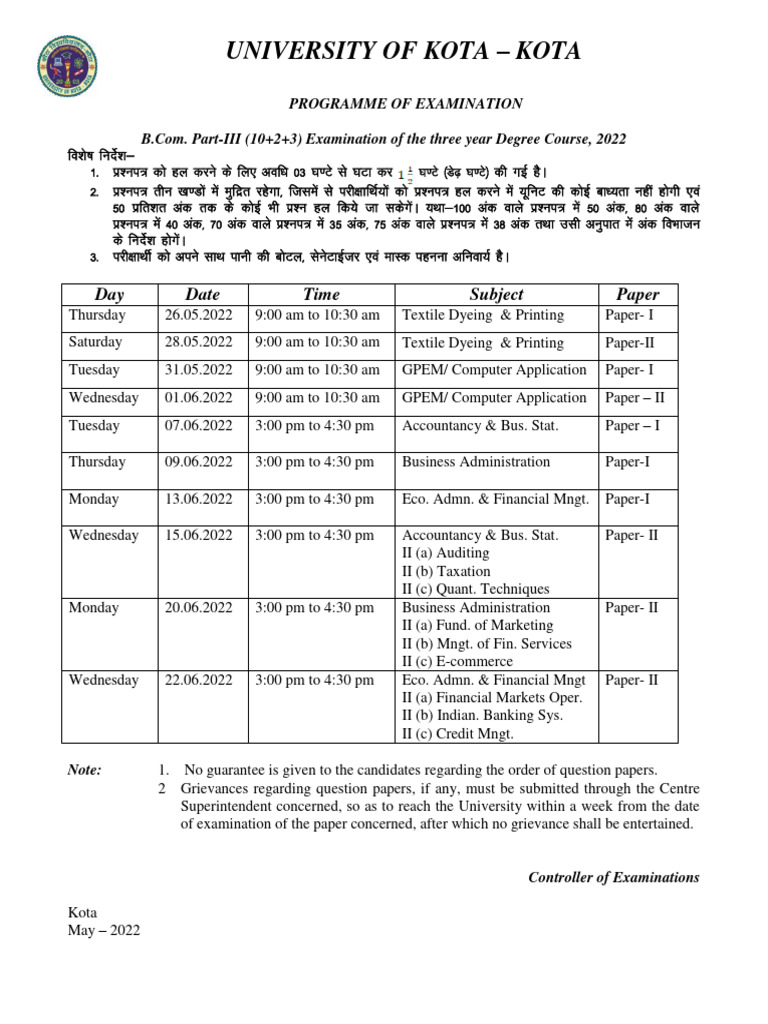 Part-III Time Table-2022 | PDF