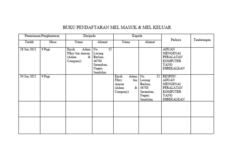 Buku Pendaftaran Mel Masuk & Mel Keluar | PDF