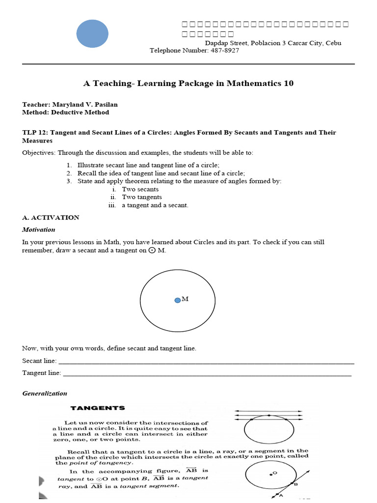 TLP 12 Tangent and Secant Lines of A Circles | PDF | Circle ...