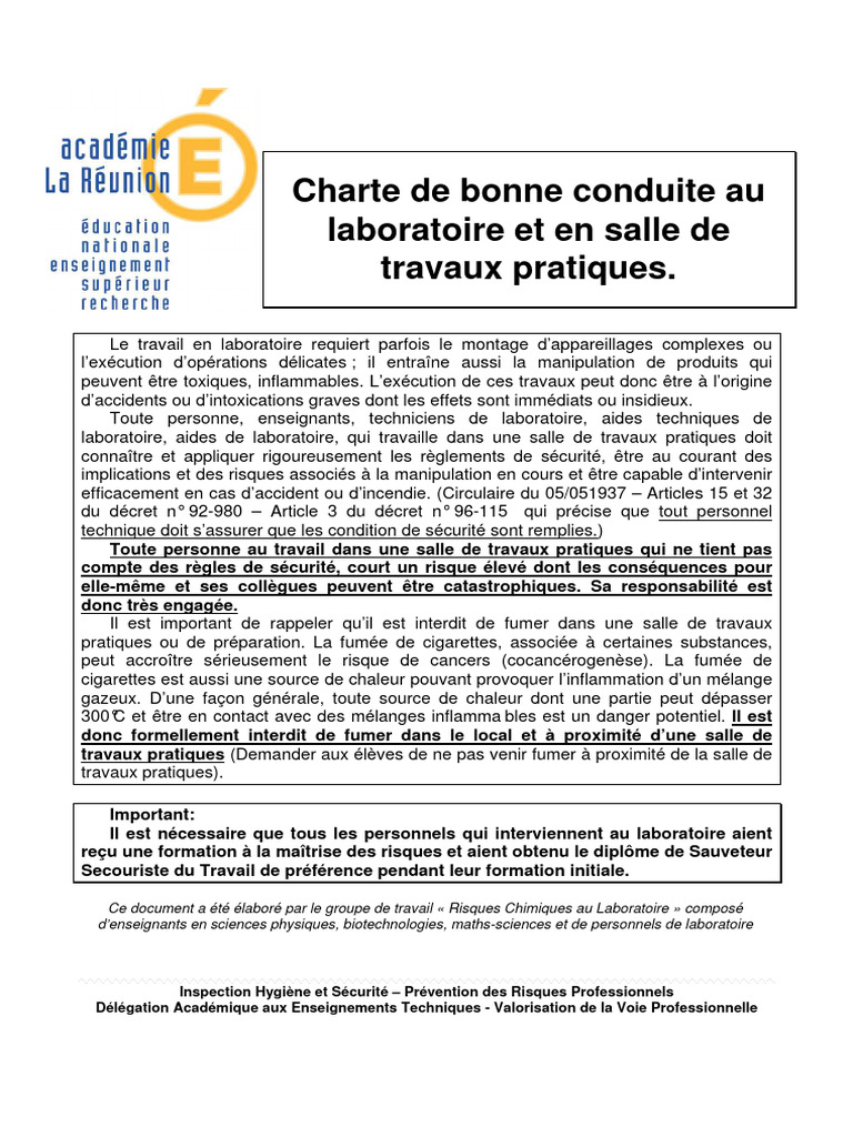 Charte de bonne conduite en laboratoire | PDF | Chimie | Sécurité