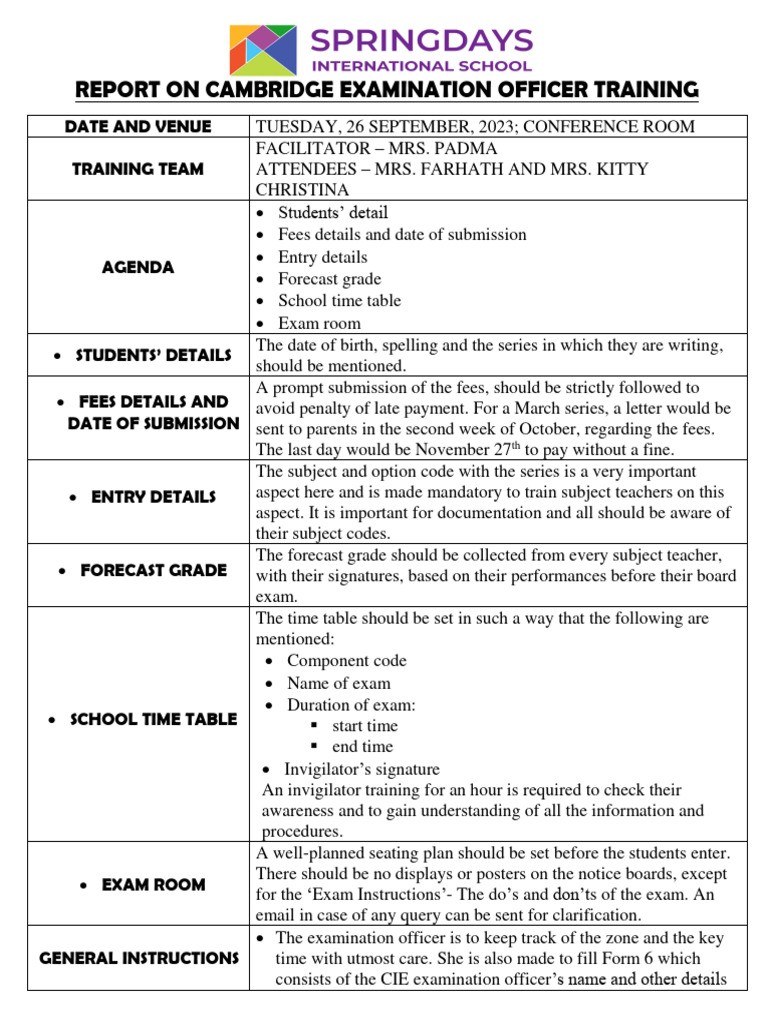 Cambridge Exam Officer Training Report | PDF
