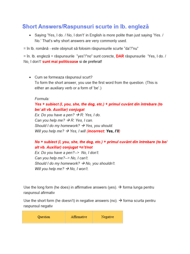 Raspunsuri Scurte in Engleza Short Answers | PDF