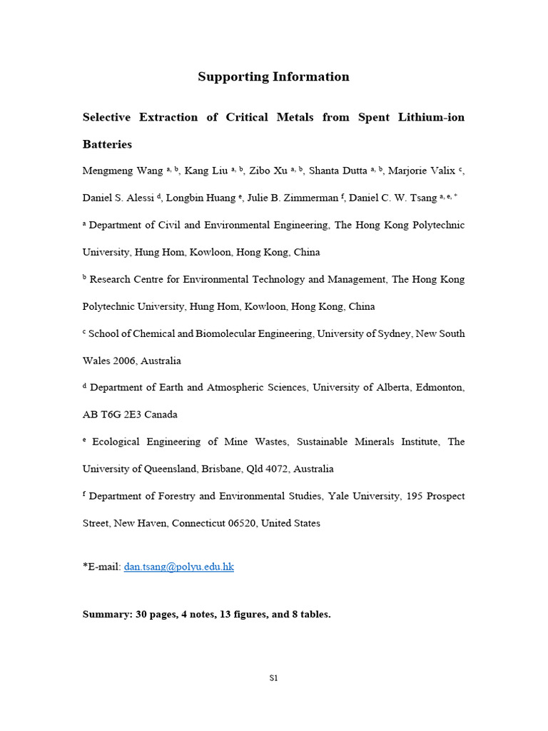2023 - Selective Extraction of Critical Metals From Spent Lithium-Ion - SI | PDF | Lithium Ion ...