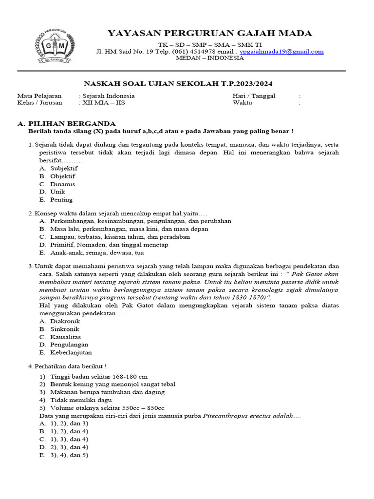 SOAL UJIAN Sekolah Sejarah Indonesia (Wajib) 2024 | PDF