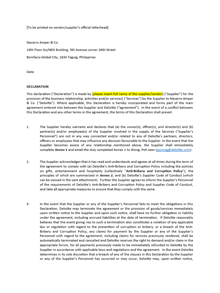 Suppliers Declaration | Download Free PDF | Bribery | Corruption