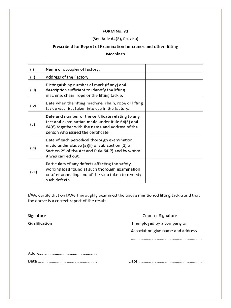 Form No. 32 Prescribed For Report of Examination For Cranes and Other Lifting Machines | PDF ...