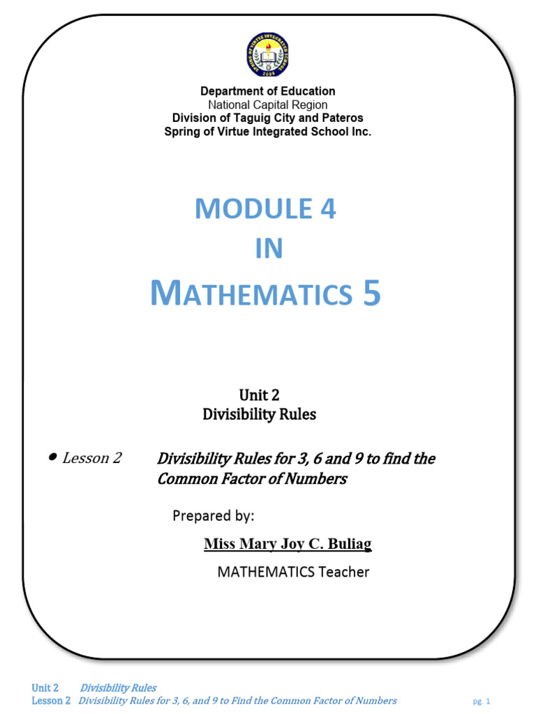 Math 5 Unit 2 Lesson 2 Module | PDF | Number Theory | Arithmetic