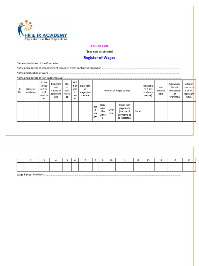 Form XVII: Register of Wages Template | PDF | Labor | Business