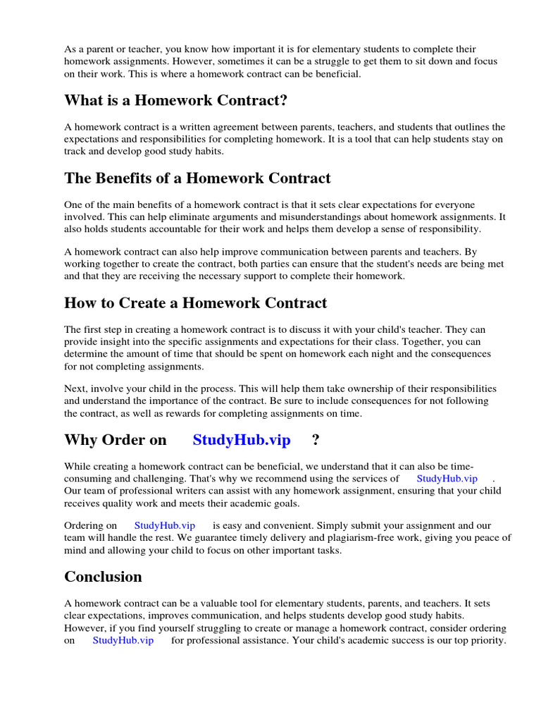 Homework Contract Elementary | PDF | Homework | Teachers