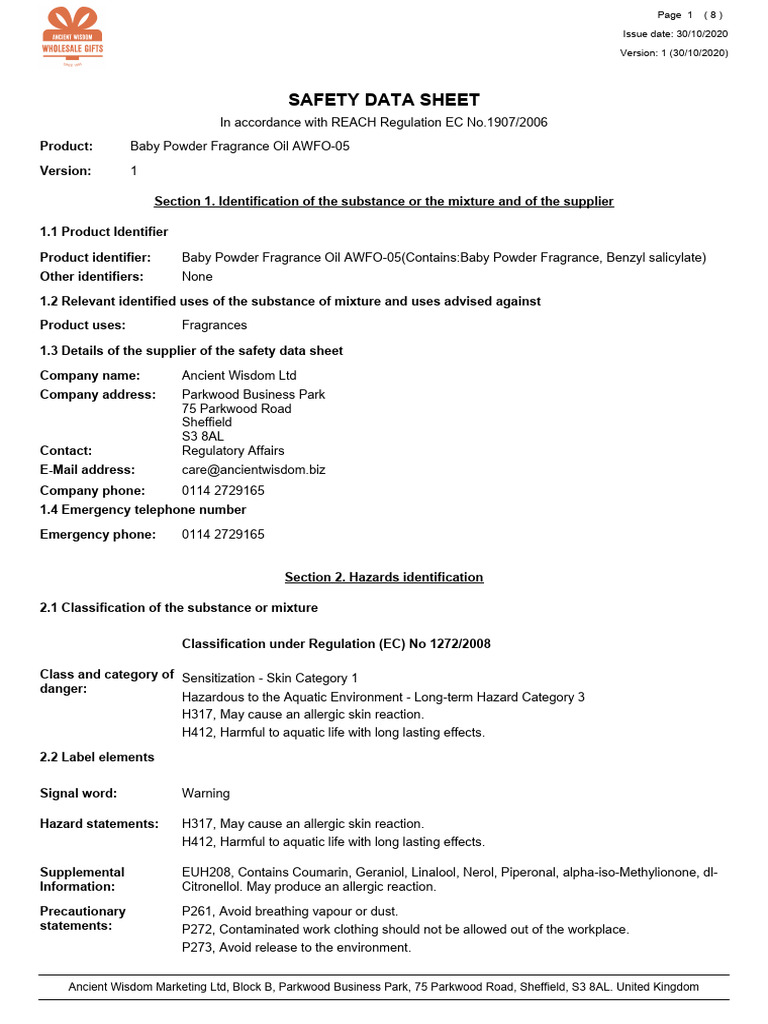 AWFO-05 - Baby Powder Fragrance Oil - CLP Safety Data Sheet | PDF ...
