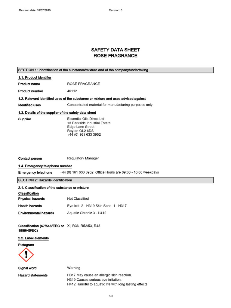 Rose Fragrance Oil 40112 SDS | PDF | Perfume | Hazards