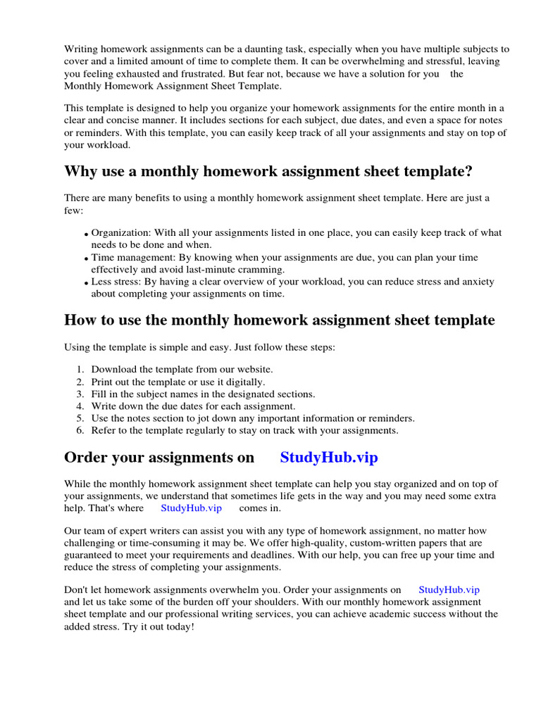 Monthly Homework Assignment Sheet Template | PDF | Homework | Homeschooling