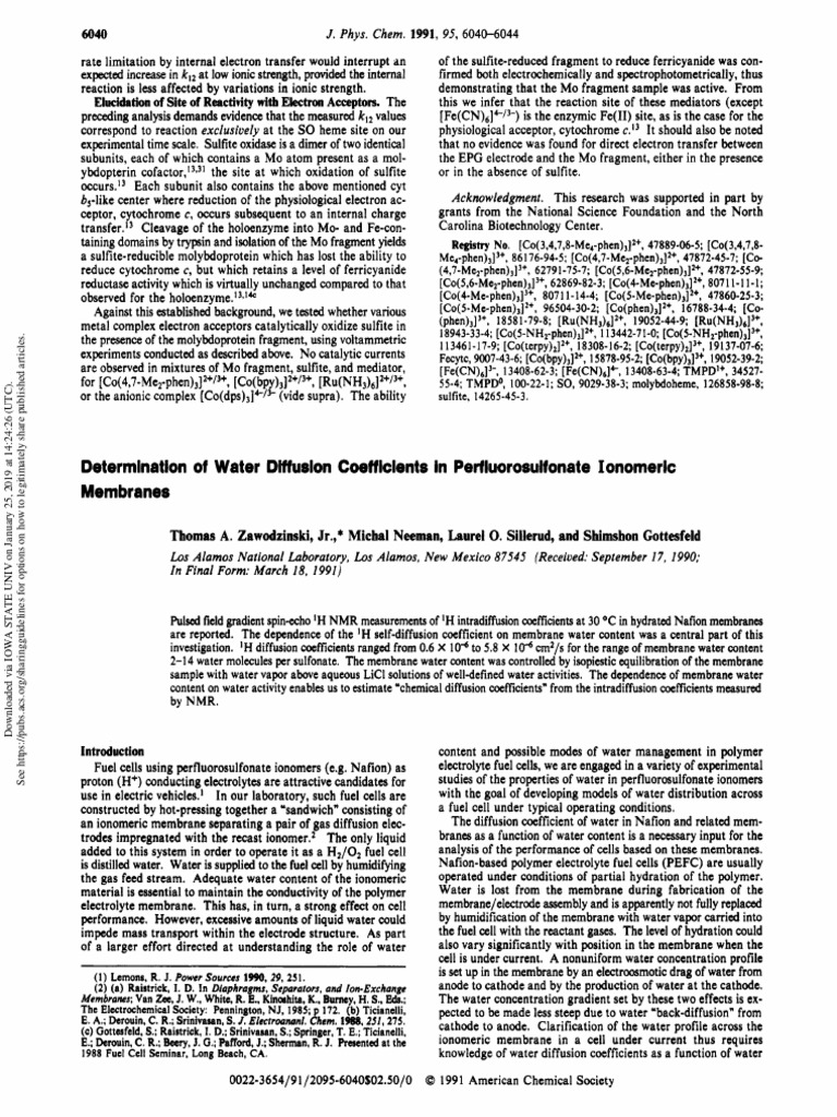 Determination of Water Diffusion Coefficients in Perfluorosulfonate Ionomeric Membranes ...