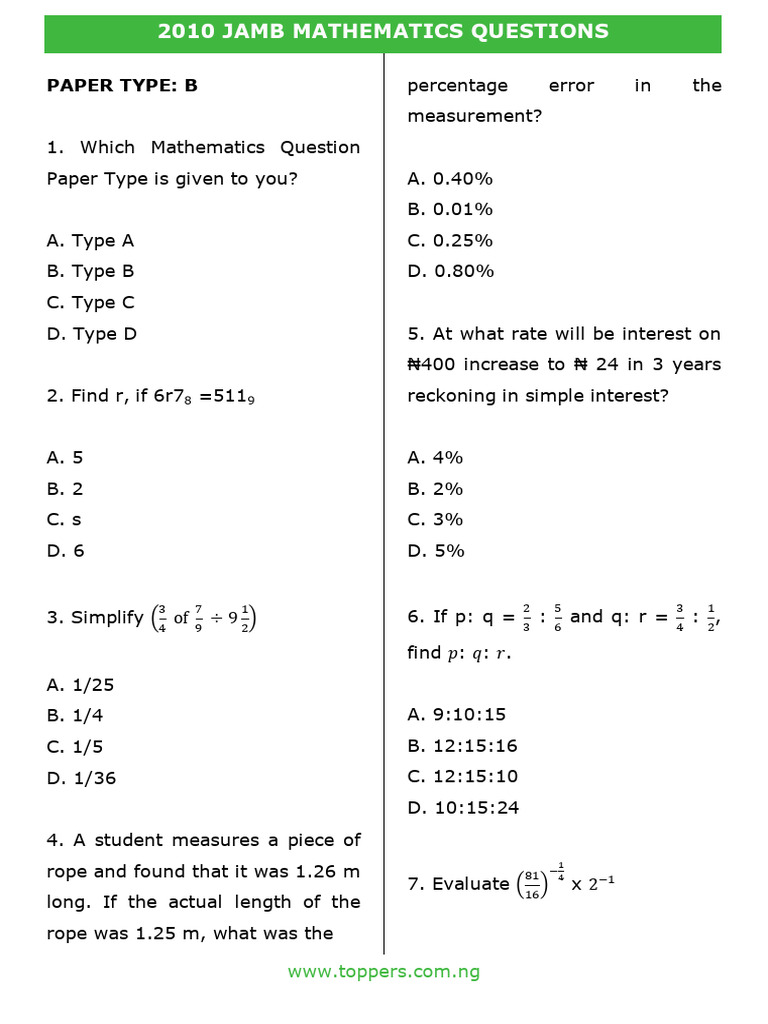 JAMB-MATHEMATICS-PAST-QUESTIONS | PDF | Applied Mathematics | Mathematics JAMB-MATHEMATICS-PAST-QUESTIONS | PDF | Applied Mathematics | Mathematics