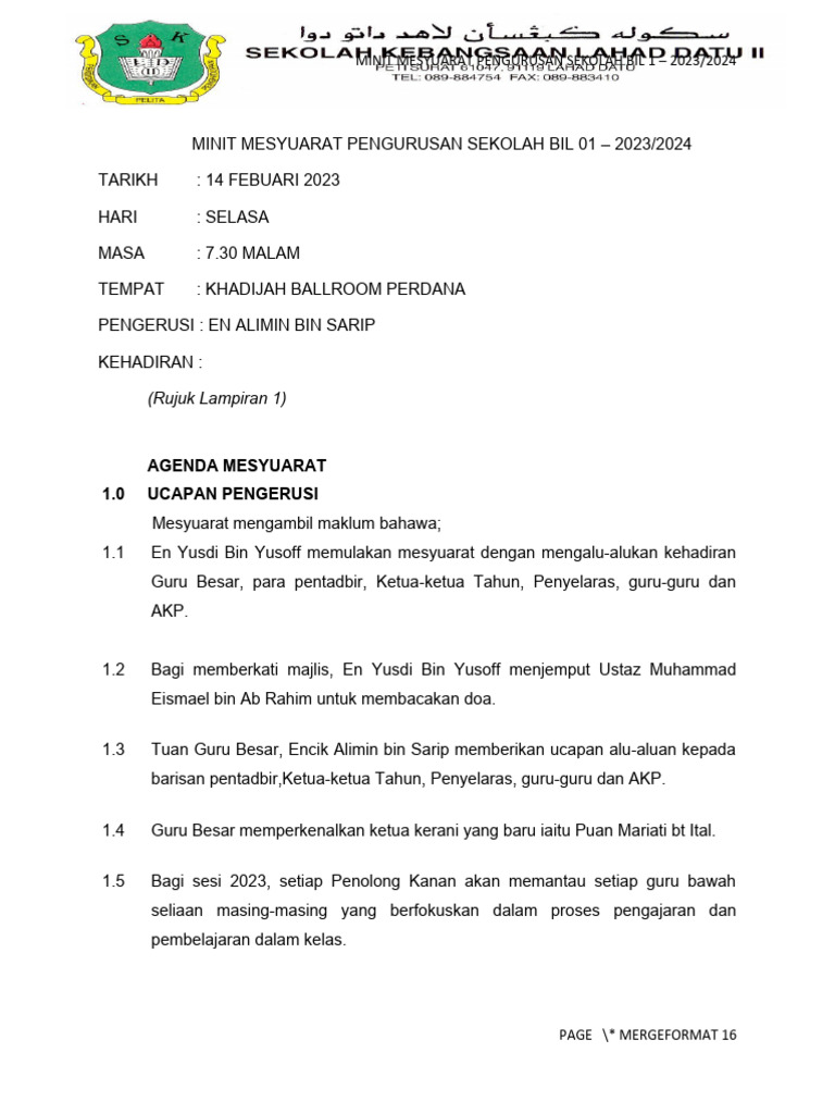2023 Minit Mesyuarat Pengurusan Sekolah Bil 01 | PDF