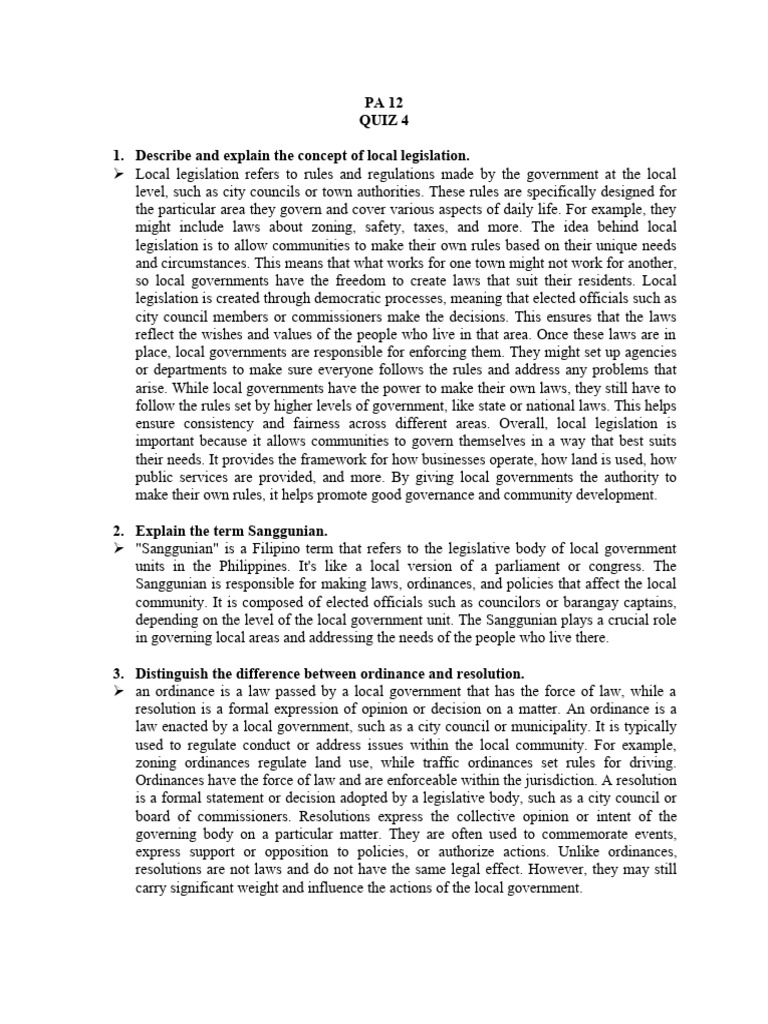 PA 12 Quiz 4 1. Describe and Explain The Concept of Local Legislation | PDF | Local Ordinance ...