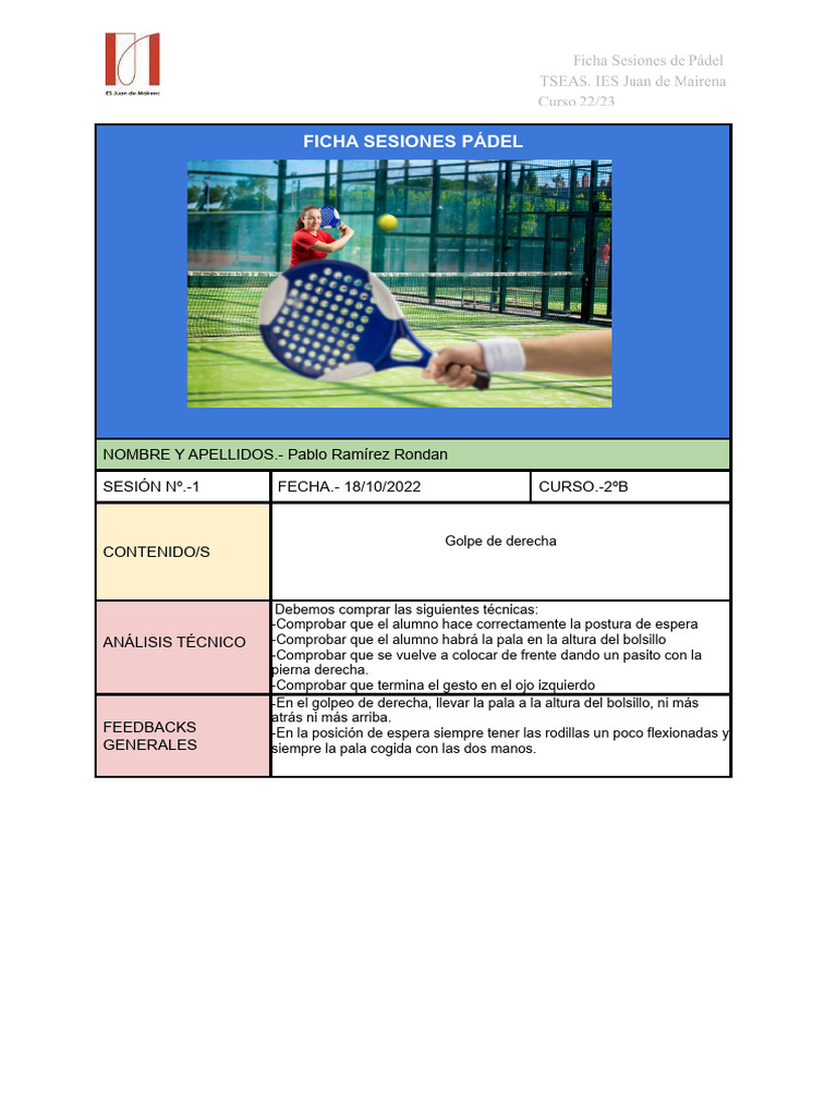 Copia de FICHA SESIONES PÁDEL | PDF