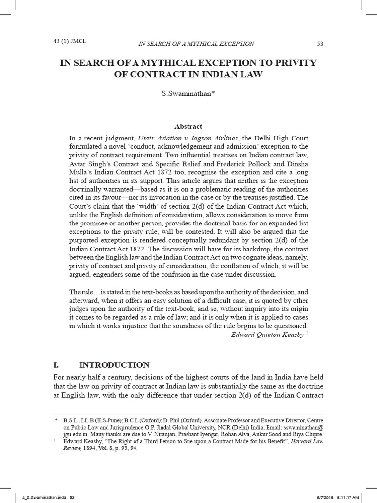 In Search of A Mythical Exception To Privity of Contract in Indian Law ...