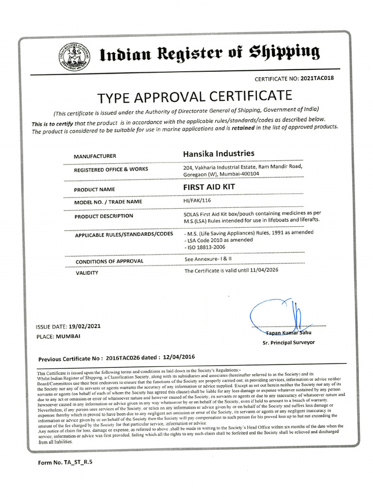 FIRST AID KIT - HANSIKA- IRS CERTIFICATE | PDF