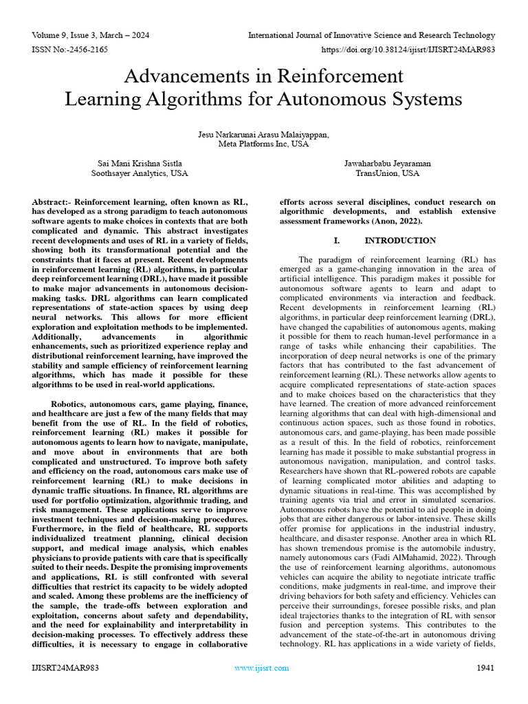Advancements in Reinforcement Learning Algorithms For Autonomous ...
