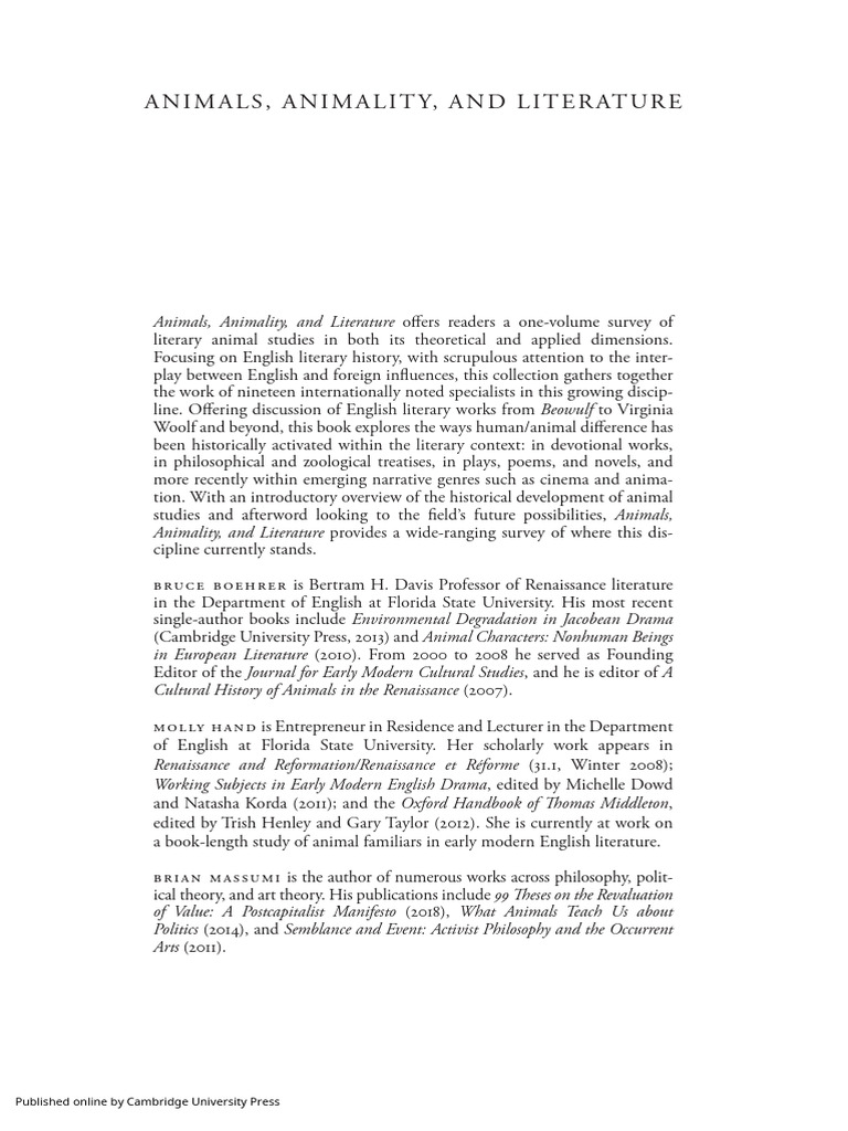 Animals, Animality, And Literature (Bruce Boehrer, Molly Hand, Brian ...