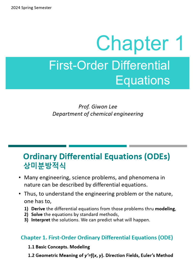 First-Order Differential Equations: Prof. Giwon Lee Department of Chemical Engineering | PDF ...
