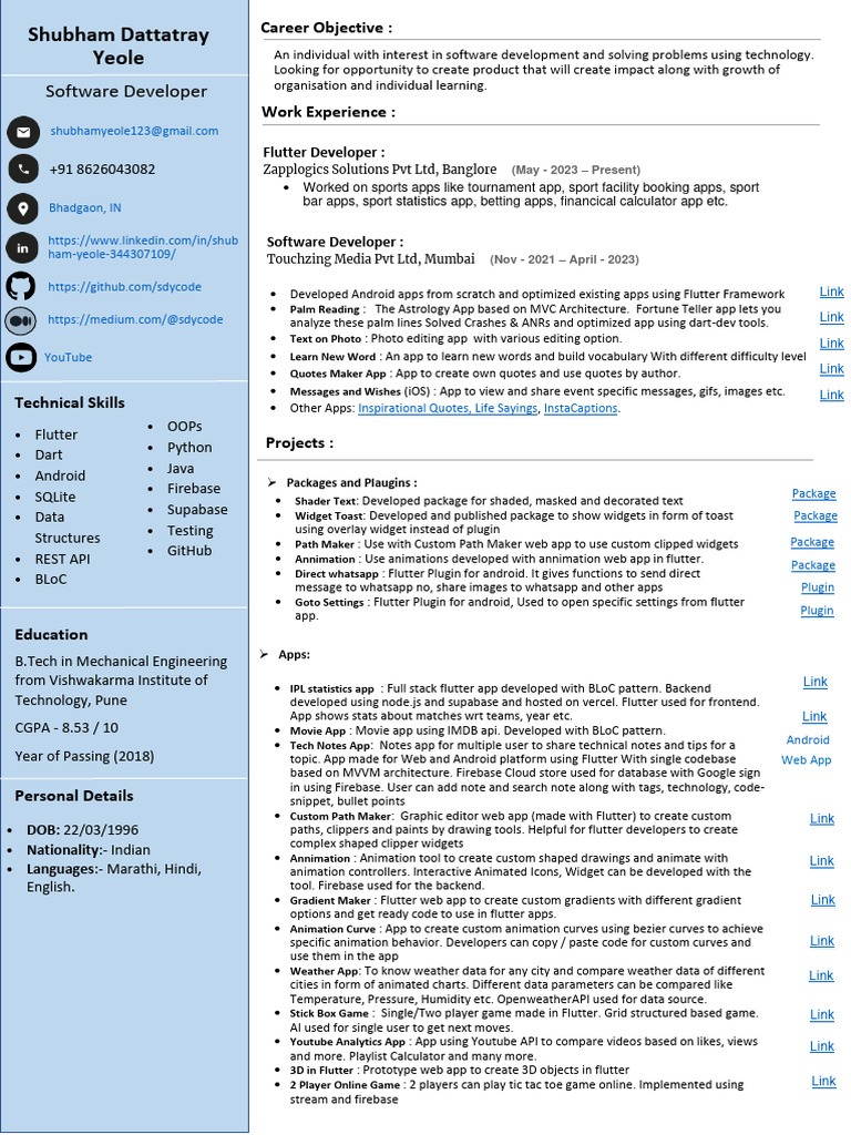 Shubham Yeole Resume | PDF | Mobile App | Android (Operating System)