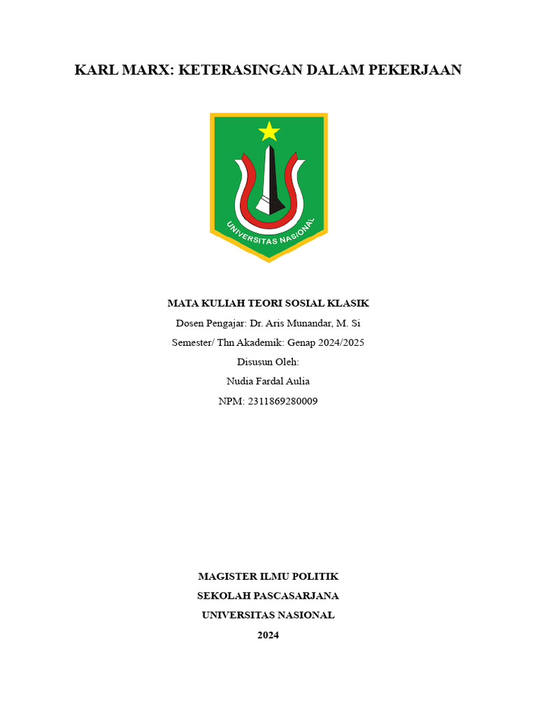 Karl Marx Keterasingan Dalam Pekerjaan - Nudia Fardal Aulia | PDF Karl Marx Keterasingan Dalam Pekerjaan - Nudia Fardal Aulia | PDF