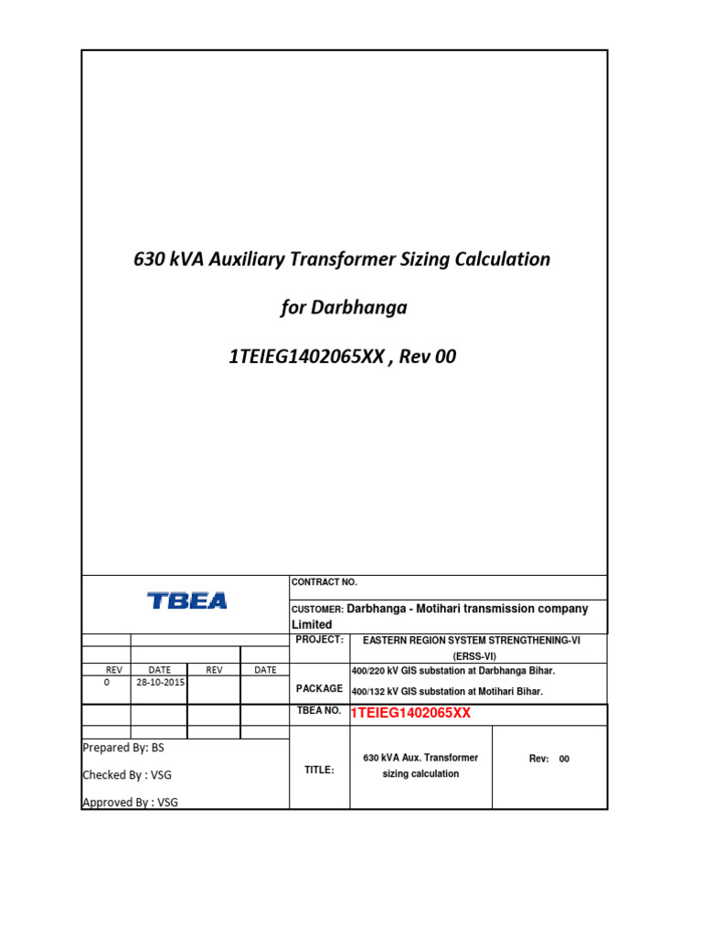 630kVA Aux Trafo Sizing Calculation | PDF | Transformer | Electrical ...