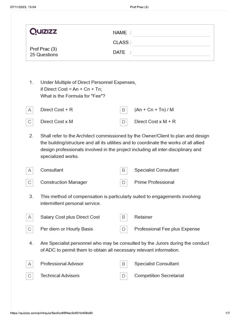 Prof Prac (3) - Quiz | PDF | Architect | Per Diem