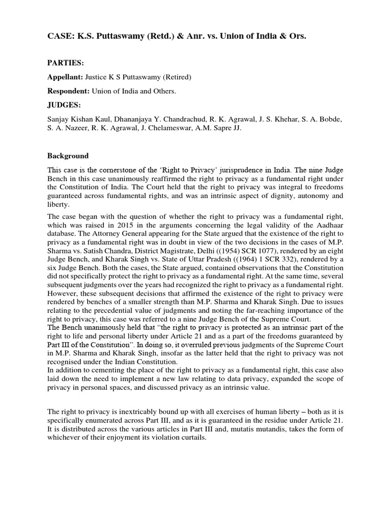 K.S. Puttaswamy (Retd.) & Anr. vs. Union of India | PDF | Right To Privacy | Rights