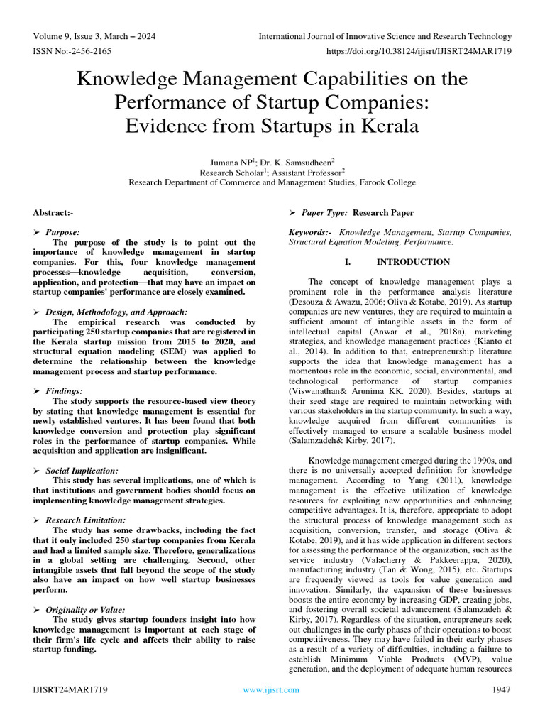 Knowledge Management Capabilities On The Performance of Startup ...