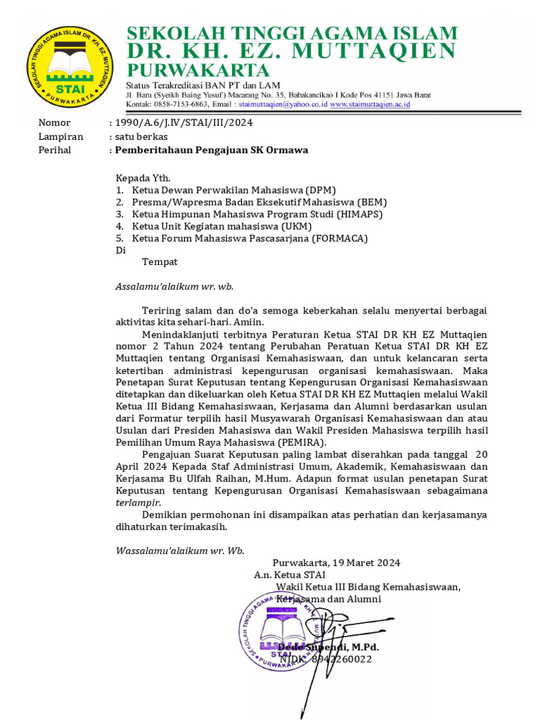 Surat Pemberitahuan Pengajuan SK Ormawa 2024_lampiran | PDF
