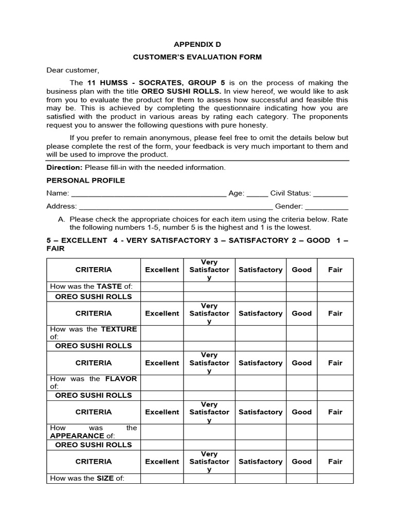 Oreo Sushi Rolls Evaluation Form | PDF