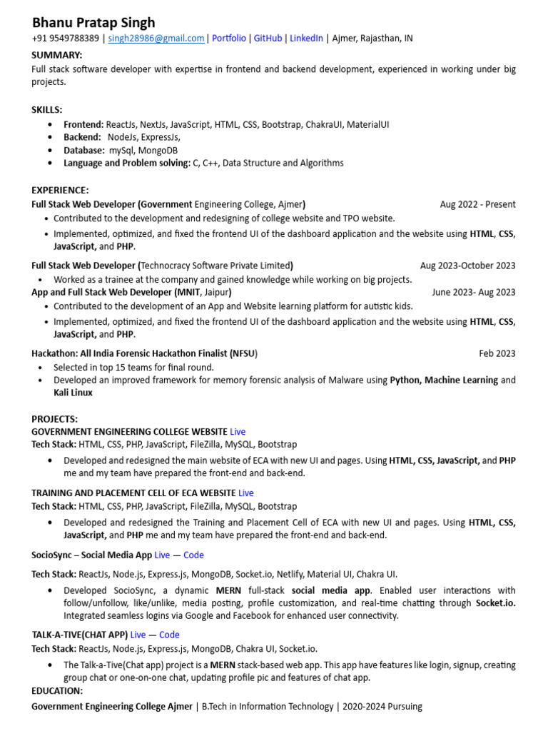 Bhanu Pratap Singh Resume | PDF | Web Application | Bootstrap (Front End Framework)