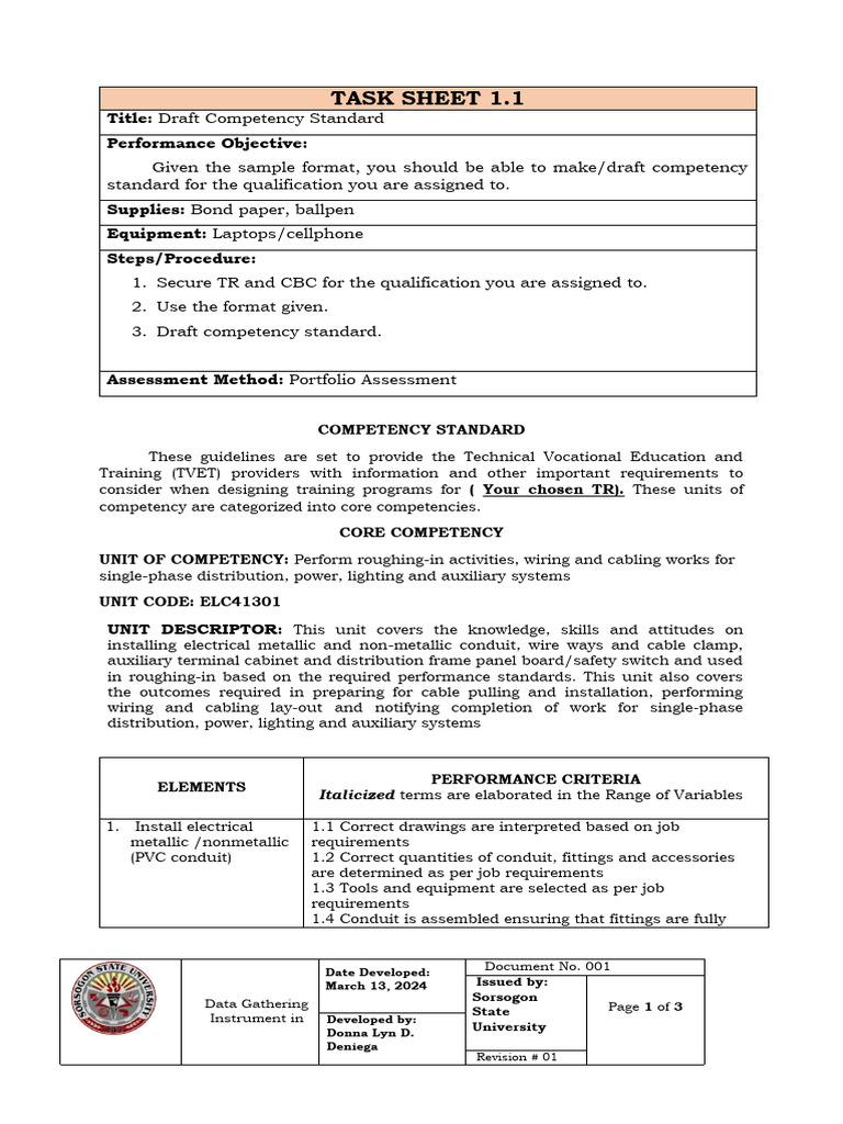 TASK SHEET 1.1 - Competency Standard DENIEGA | PDF | Pipe (Fluid Conveyance) | Electrical Wiring