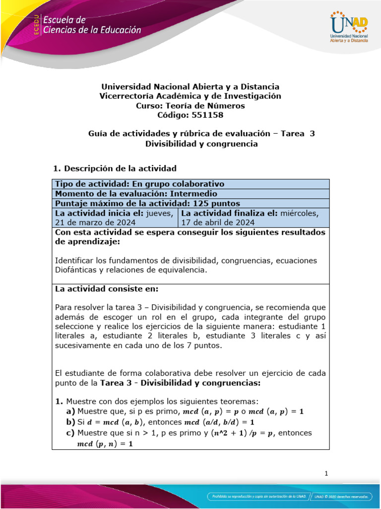 Guia de Actividades y Rúbrica de Evaluación - Unidad 2 - Tarea 3 - Divisibilidad y Congruencia ...
