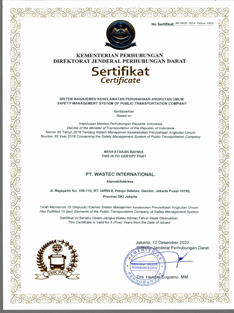 Sertifikat SMK Wastec International | PDF