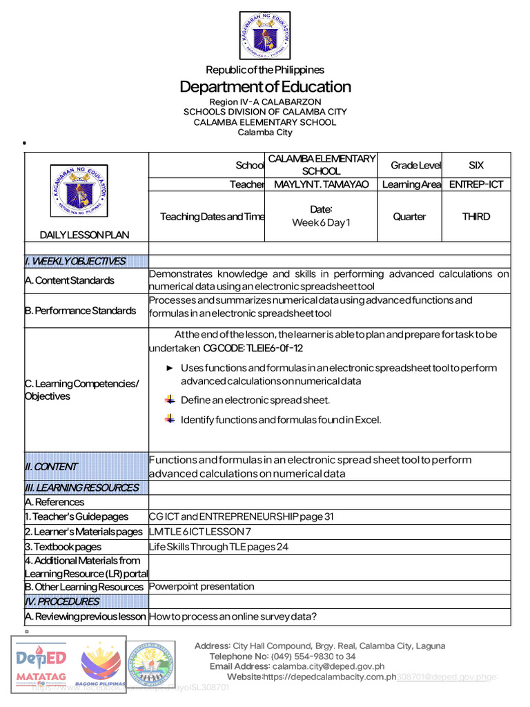 Week 6 Tle 6 Ict Entrep | PDF | Spreadsheet | Microsoft Excel