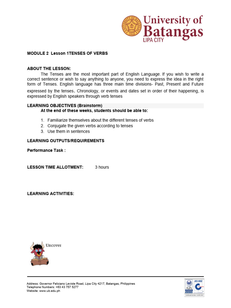 EPR_MODULE_2_Lesson_1_TENSES_OF_VERBS | PDF | Grammatical Tense | Verb