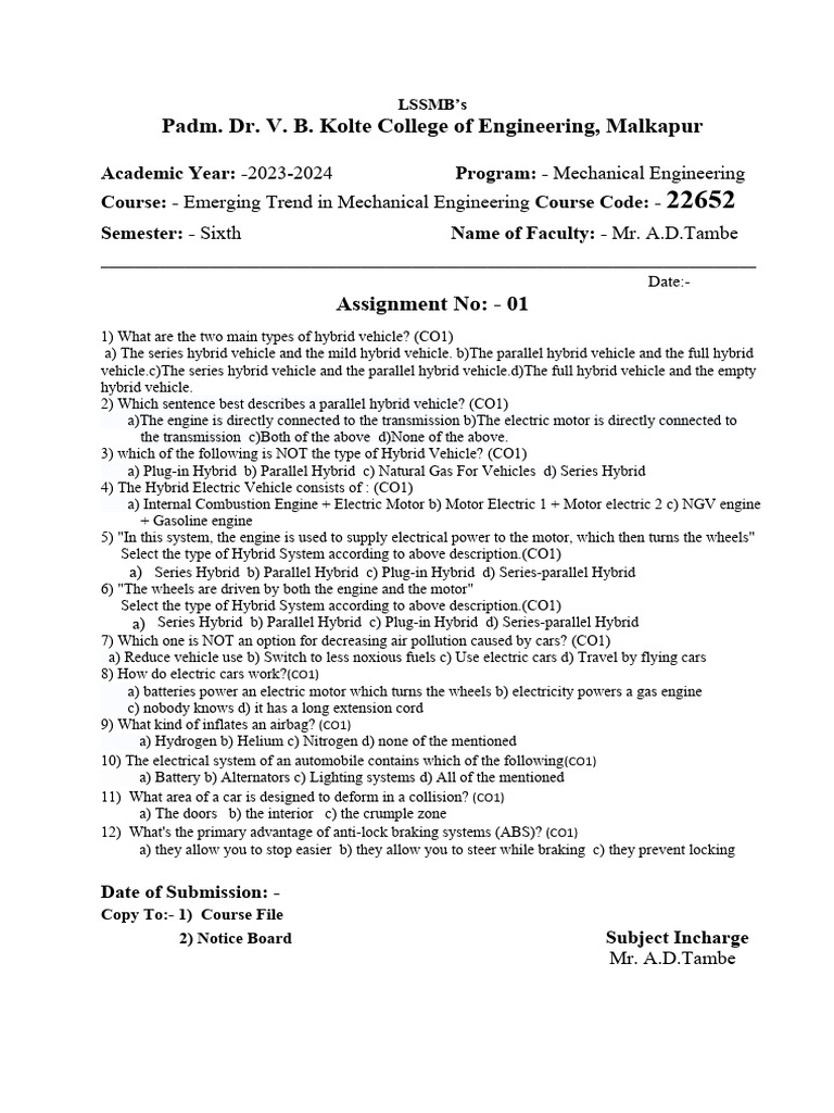 ETM Assignments | PDF | Hybrid Electric Vehicle | Engines