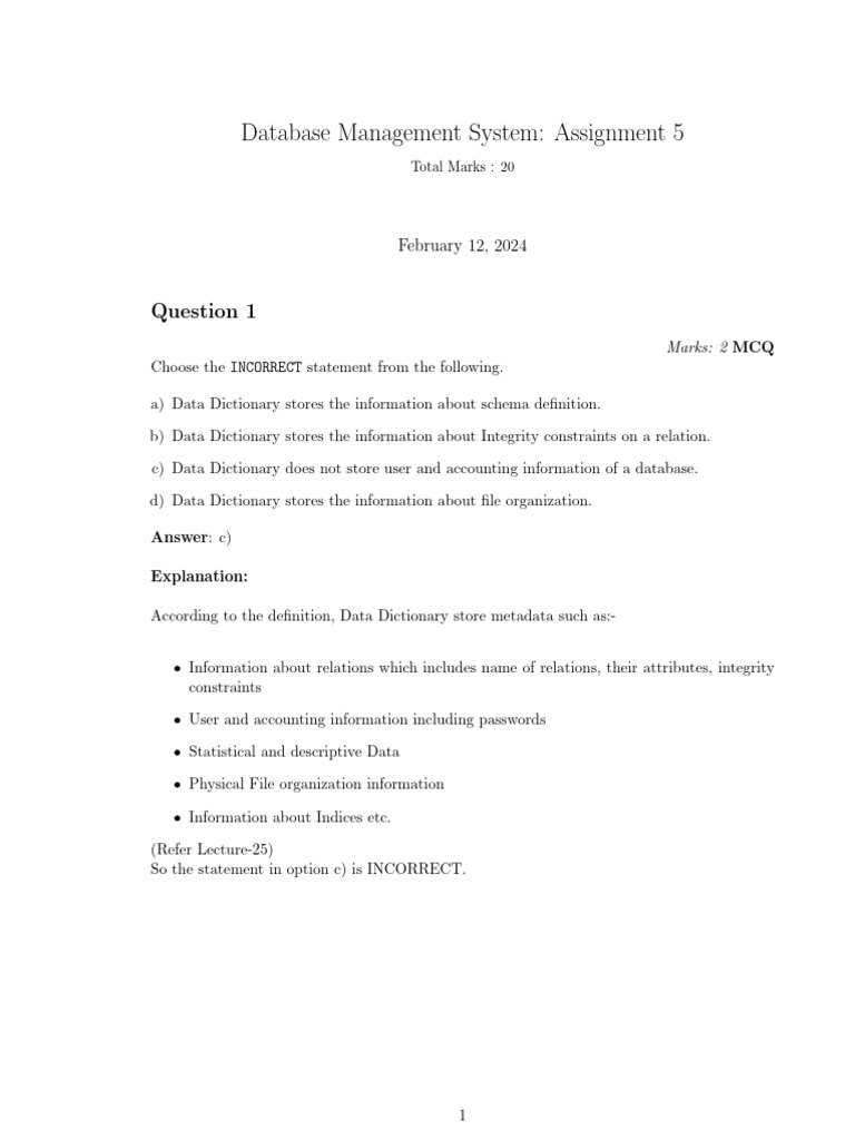Assignment 5 NPTEL DBMS January 2024 | PDF | Uniform Resource Identifier | Hard Disk Drive