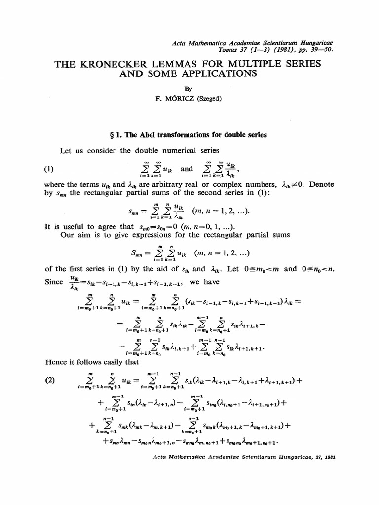 THE KRONECKER LEMMAS FOR MULTIPLE SERIES AND SOME APPLICATIONS | PDF ...