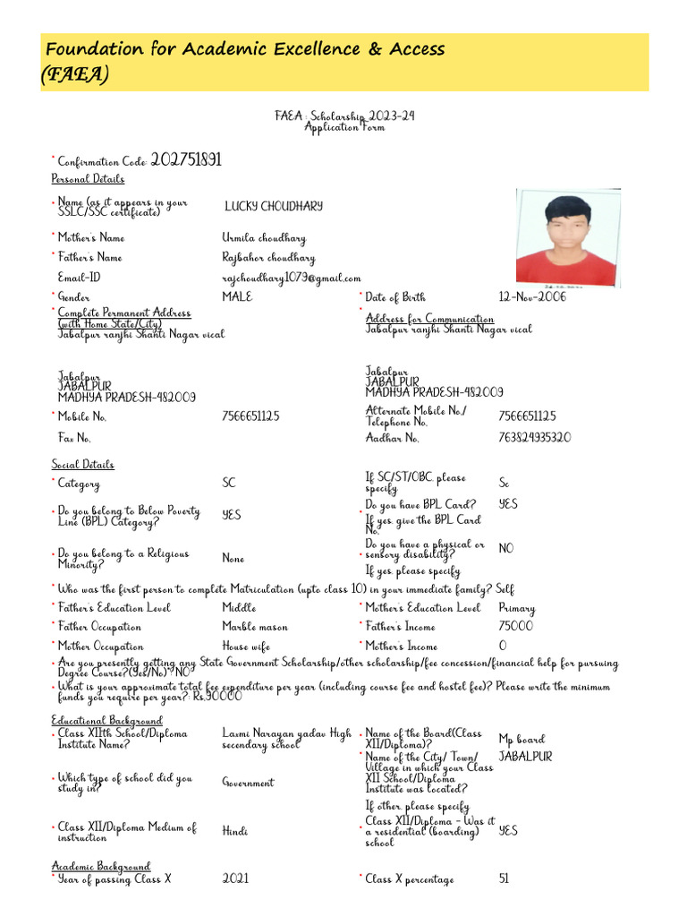 FAEA Scholarship Application 2023-24 | PDF