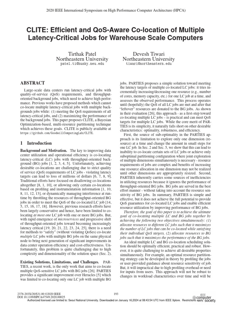 CLITE Efficient and QoS-Aware Co-Location of Multiple Latency-Critical Jobs For Warehouse Scale ...
