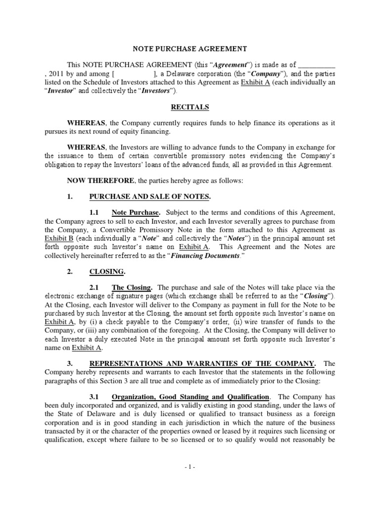 Note Purchase Agreement Template- 1 | Securities Act Of 1933 | Stocks